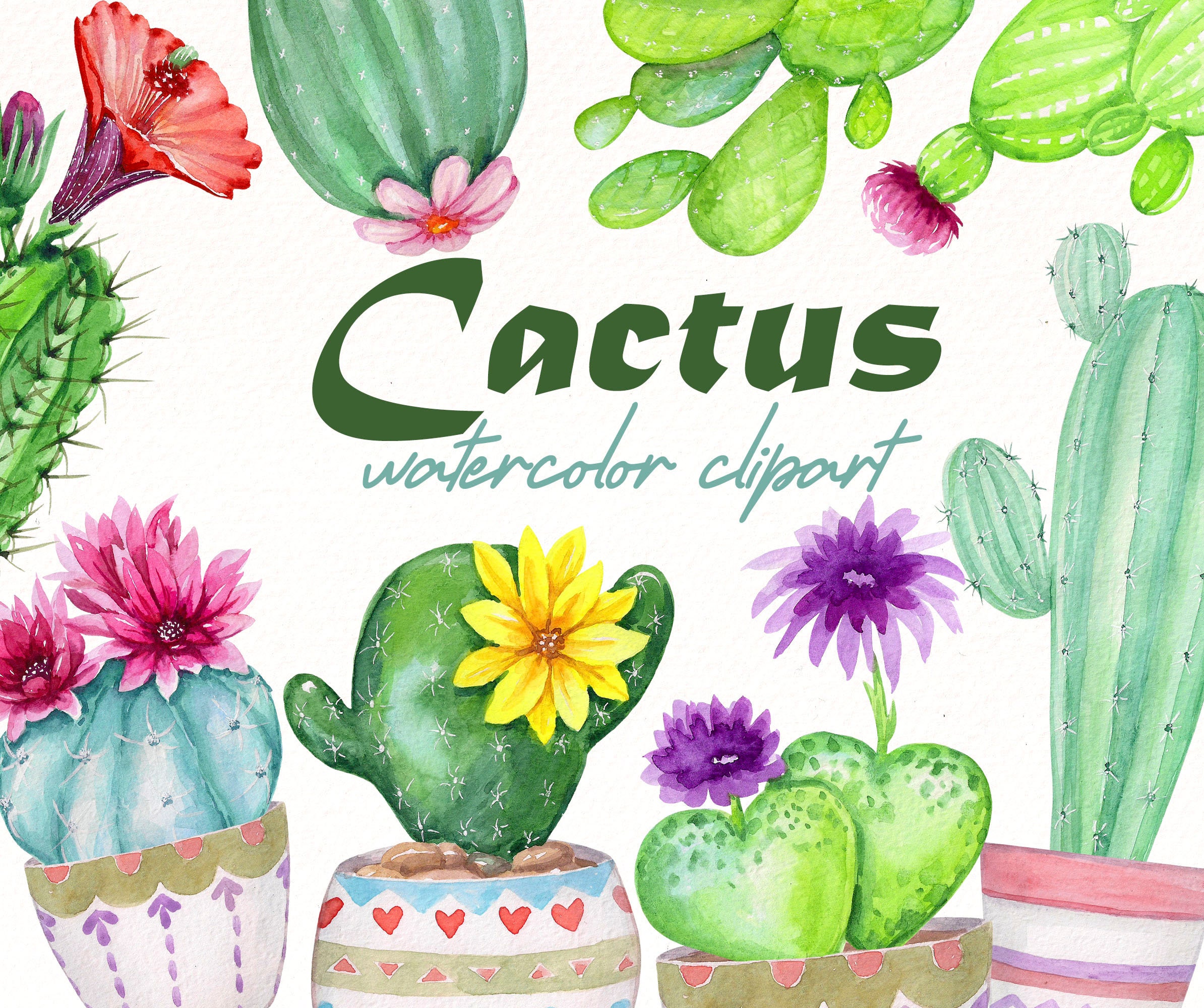Watercolor Cactus Clipart, Tropical Desert Plants With Flowers and Pots ...