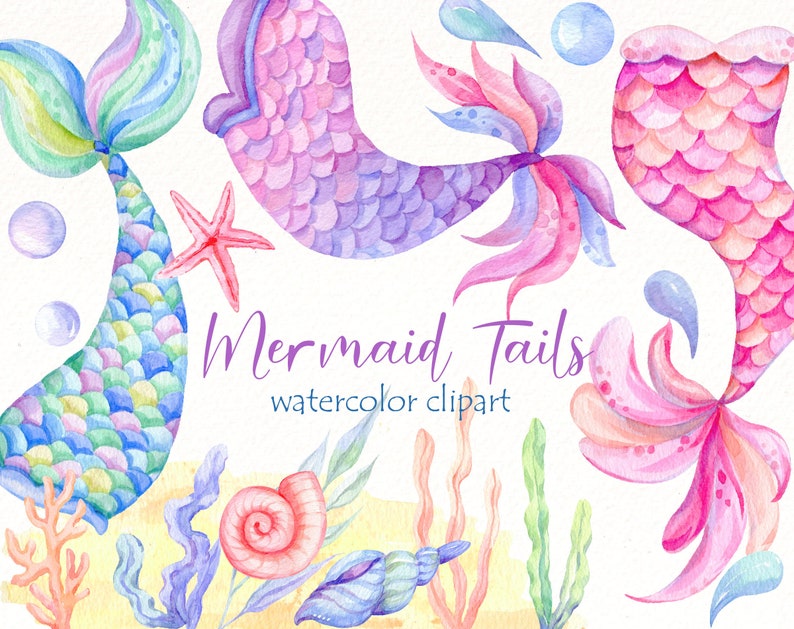 Watercolor Mermaid Tail Clipart, Undersea Clip Art, Pastel Baby Girl ...