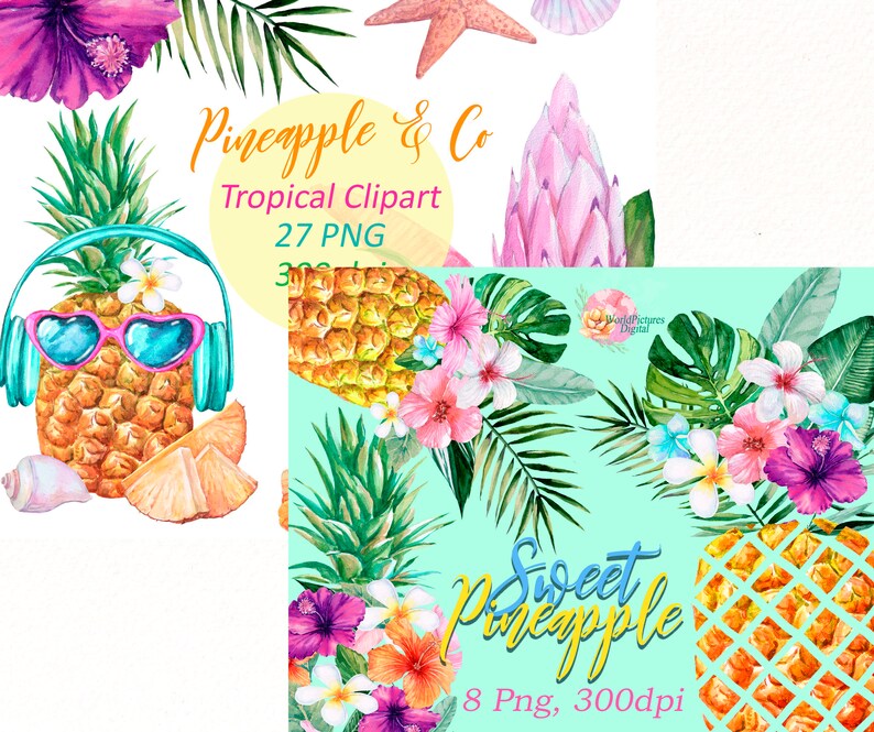 Watercolor Tropical Clipart. BUNDLE Tropic Frame, Bouquets, Patterns ...