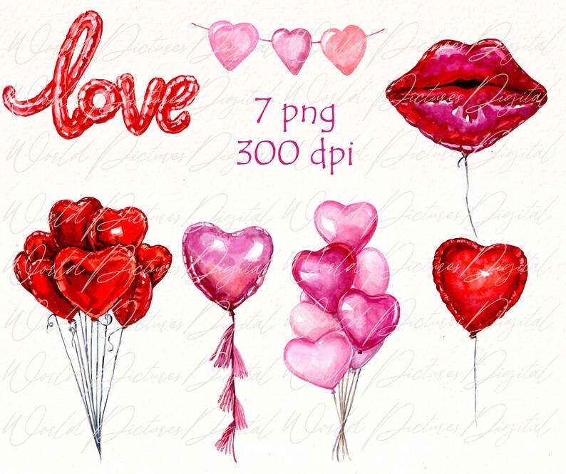 Heart Balloon Clipart, Valentines Day Watercolor Clip Art, Love Balloon ...