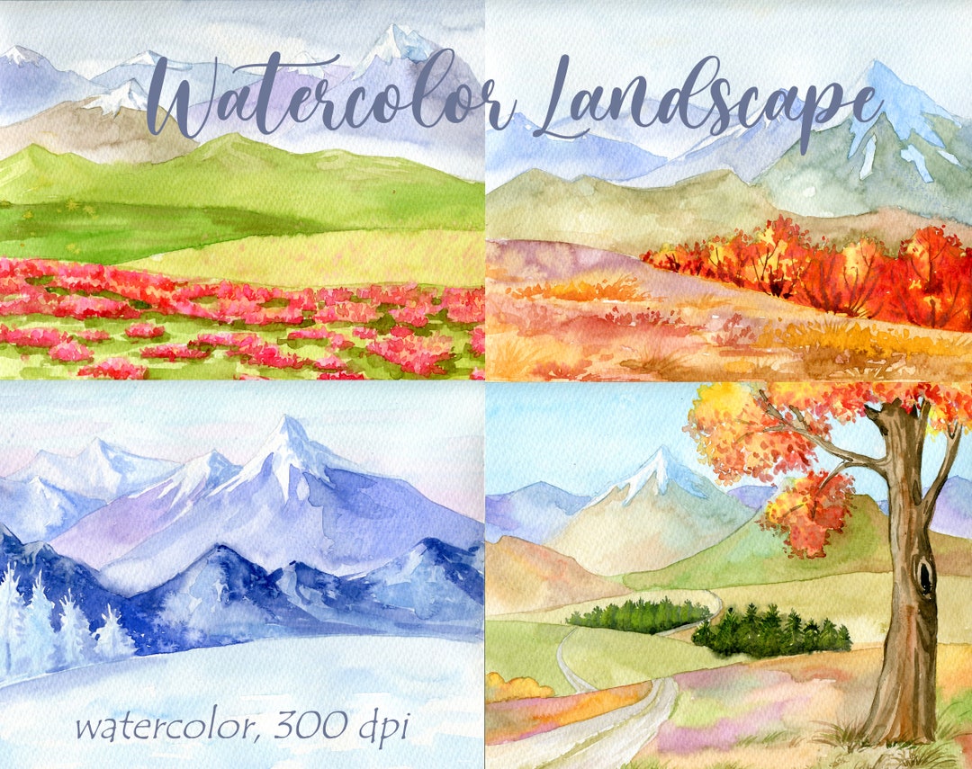 Watercolor Mountain Clipart, Landscape Clipart, Fall Forest, Winter ...