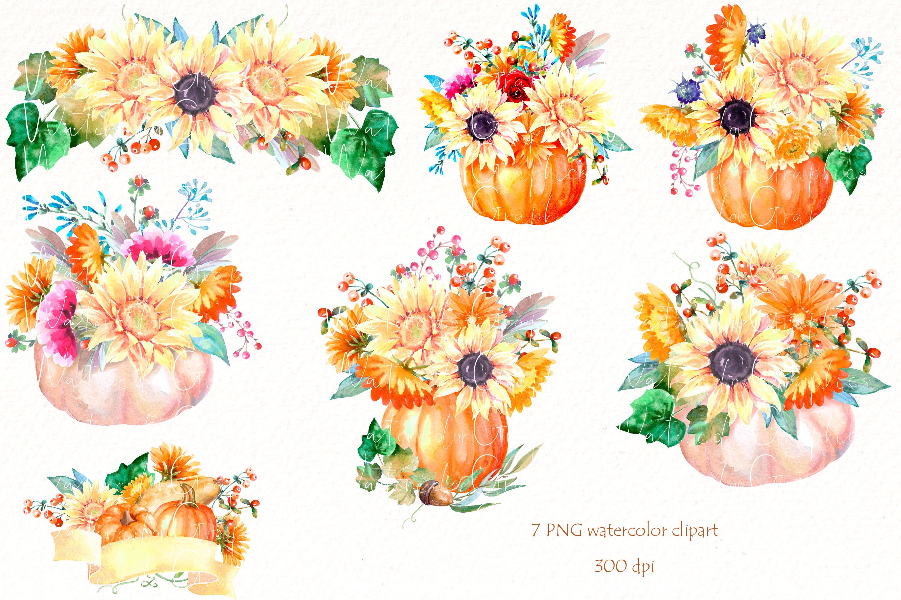 Pumpkin Vase Floral Clipart: Watercolor Autumn Bouquet (digital ...