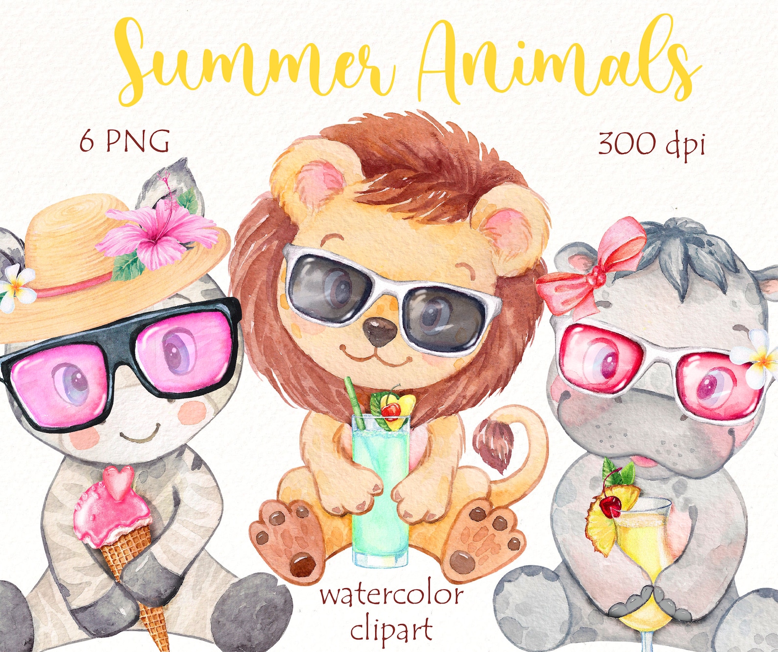 Summer Animals Watercolor Clipart, Tropical Animal Png, Baby Animal ...