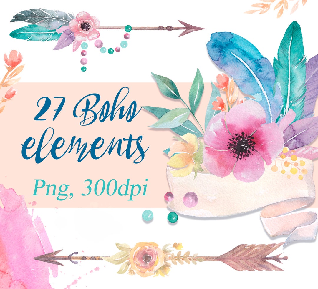Watercolor Boho Clipart: Feathers, Arrows, Flowers (digital Download ...