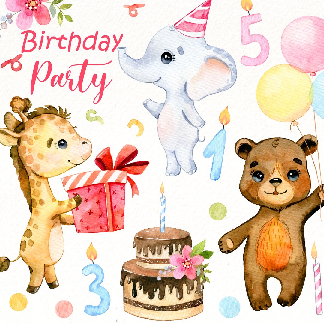 Watercolor Animal Birthday Clipart: Giraffe, Elephant, Bear (PNG ...