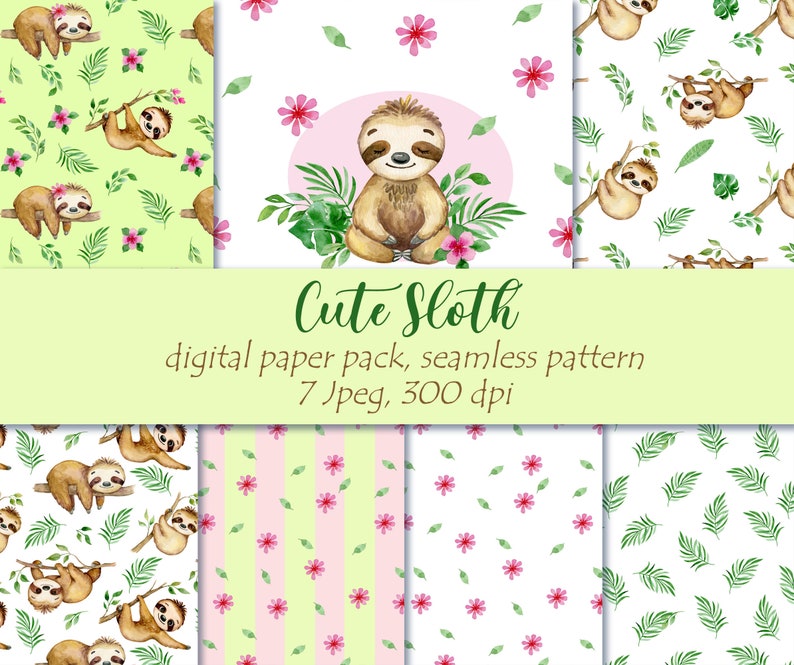 Sloth Digital Paper, Cute Animal Digital Papers Pack, Watercolor Safari ...