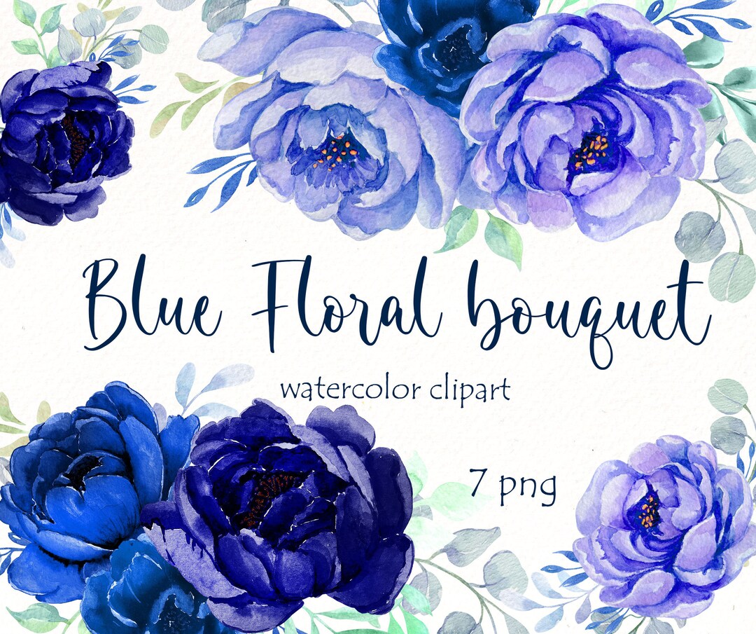 Watercolor Navy Blue Floral Bouquet Clipart: Hand-drawn Flower PNG ...