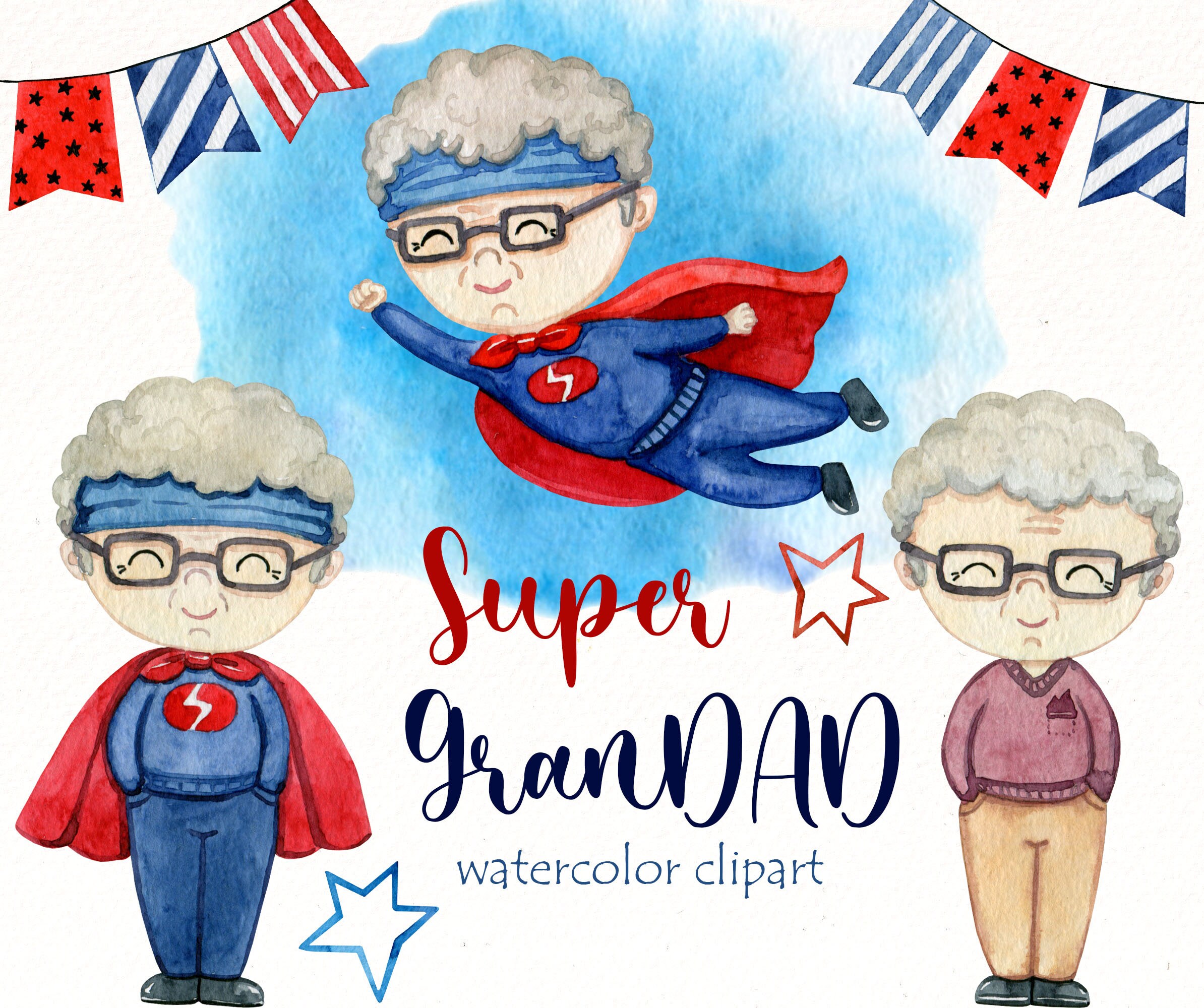 Superhero Granddad Clipart, Watercolor Family Clip Art, Granddad Gift ...