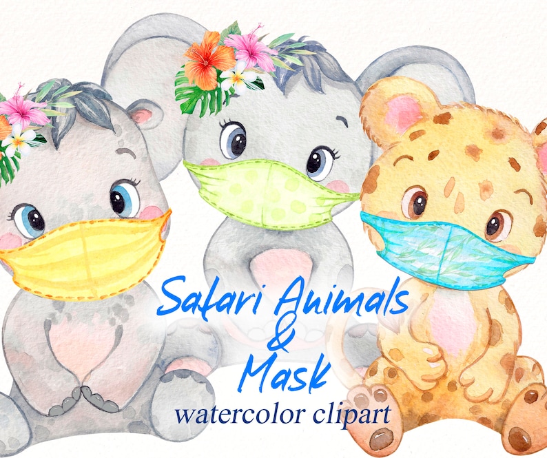 Safari Animals Png, Face Mask Clipart, Kids Cliparts, Watercolor Animal ...