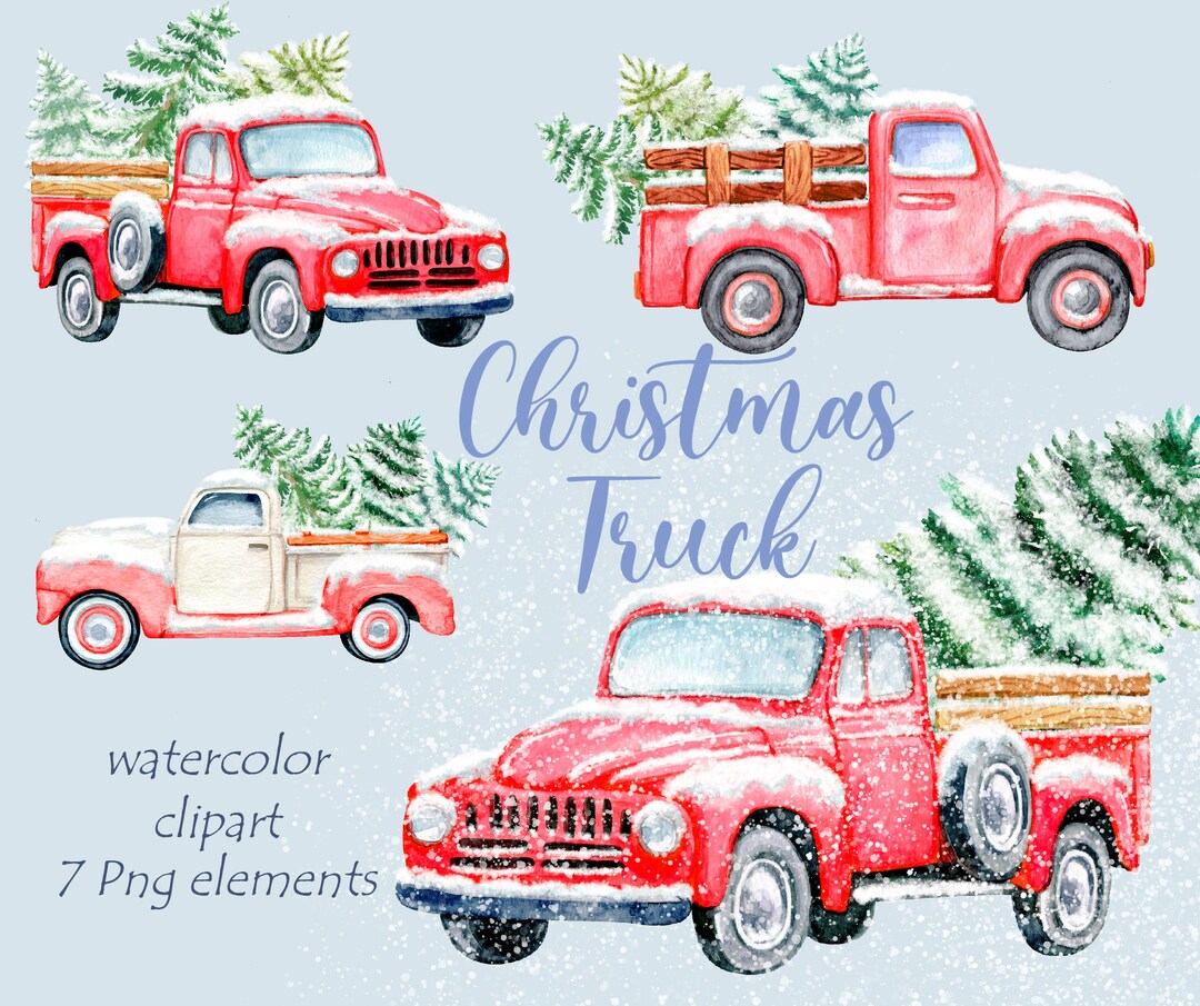 Christmas Truck With Tree Clipart, Watercolor Vintage Pickup Trucks ...
