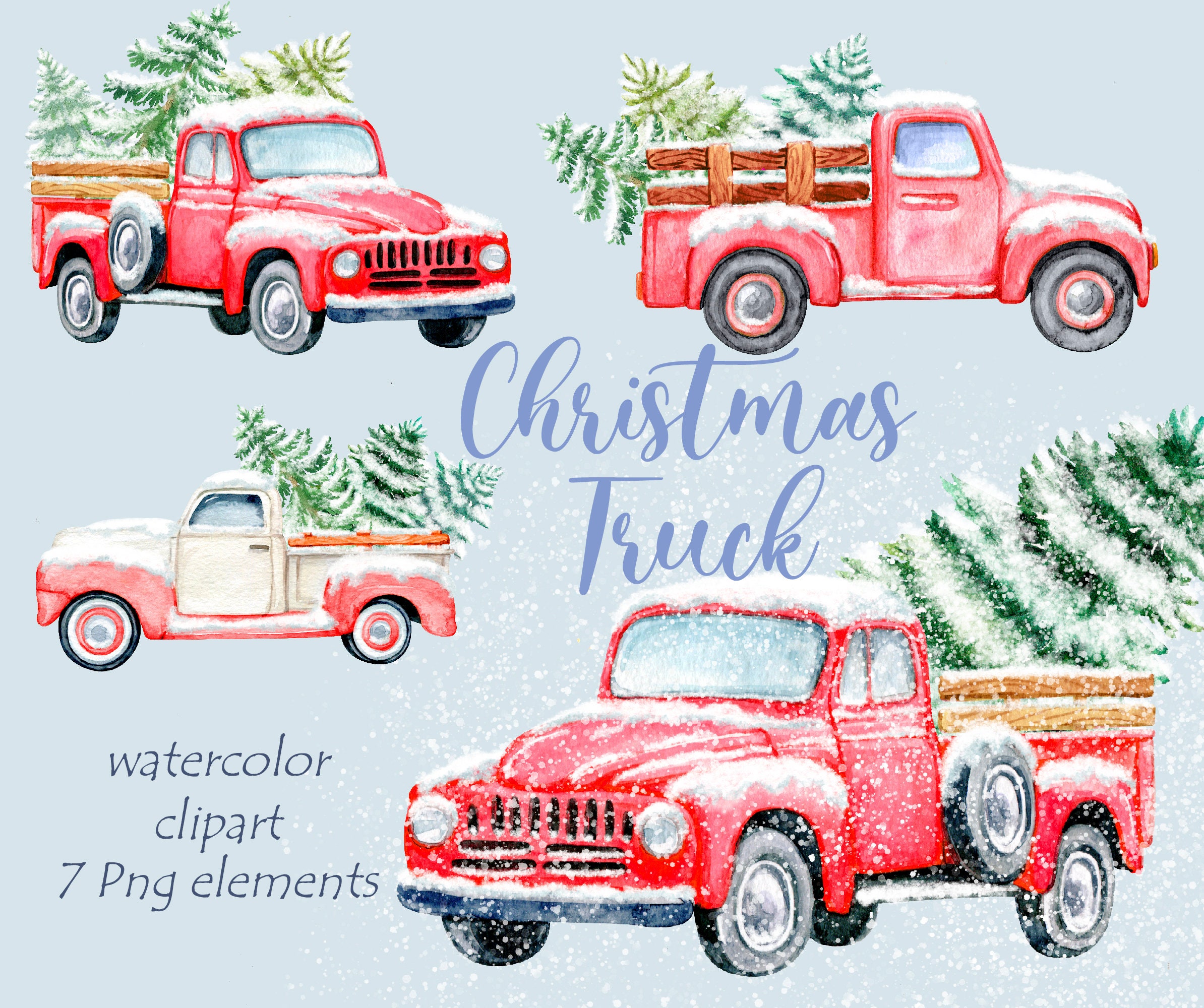 Christmas Truck With Tree Clipart, Watercolor Vintage Pickup Trucks ...