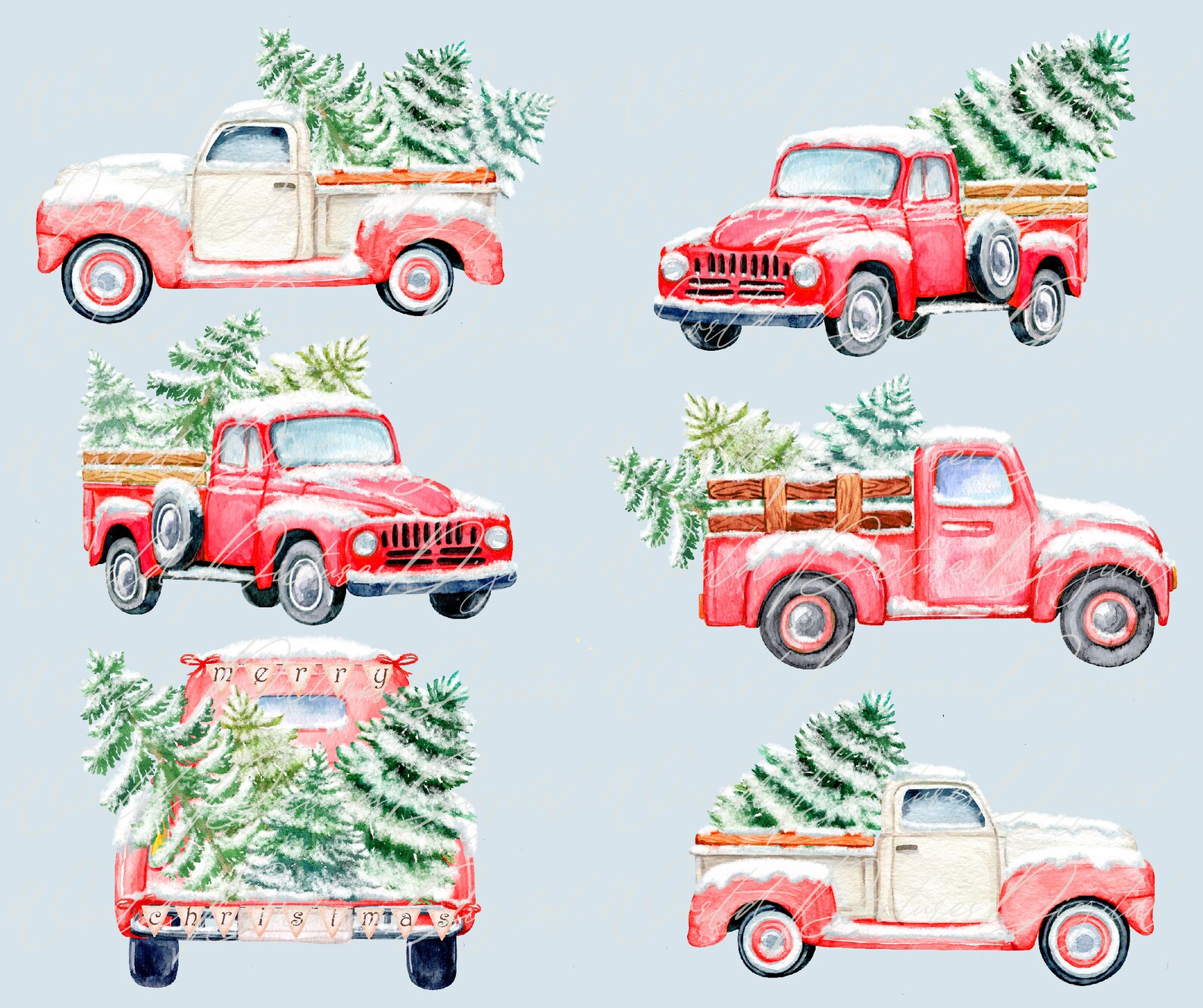 Christmas Truck With Tree Clipart, Watercolor Vintage Pickup Trucks ...