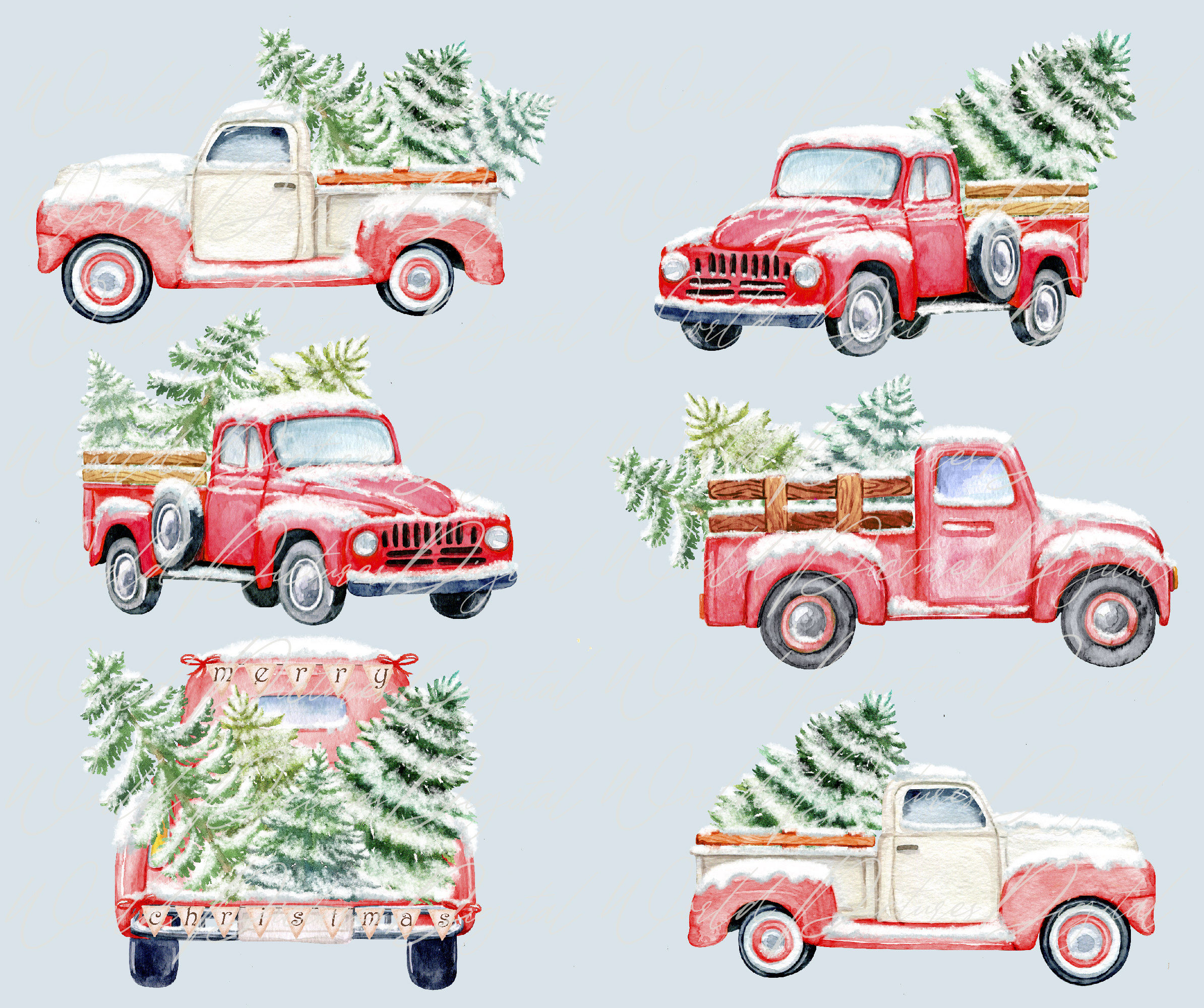 Christmas Truck With Tree Clipart Watercolor Vintage Pickup - Etsy