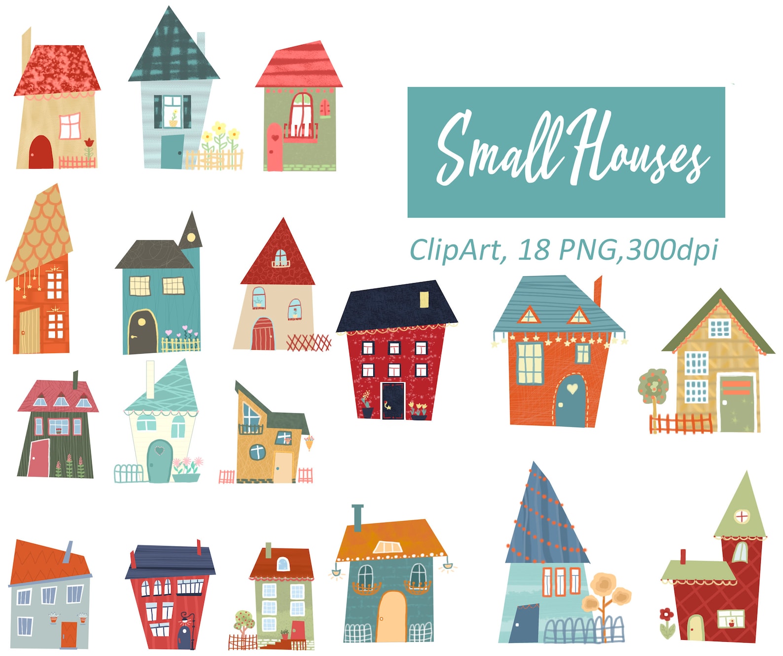 Houses Clipart Set - Clip Art Set of Houses, Bright Houses, Cute Houses ...