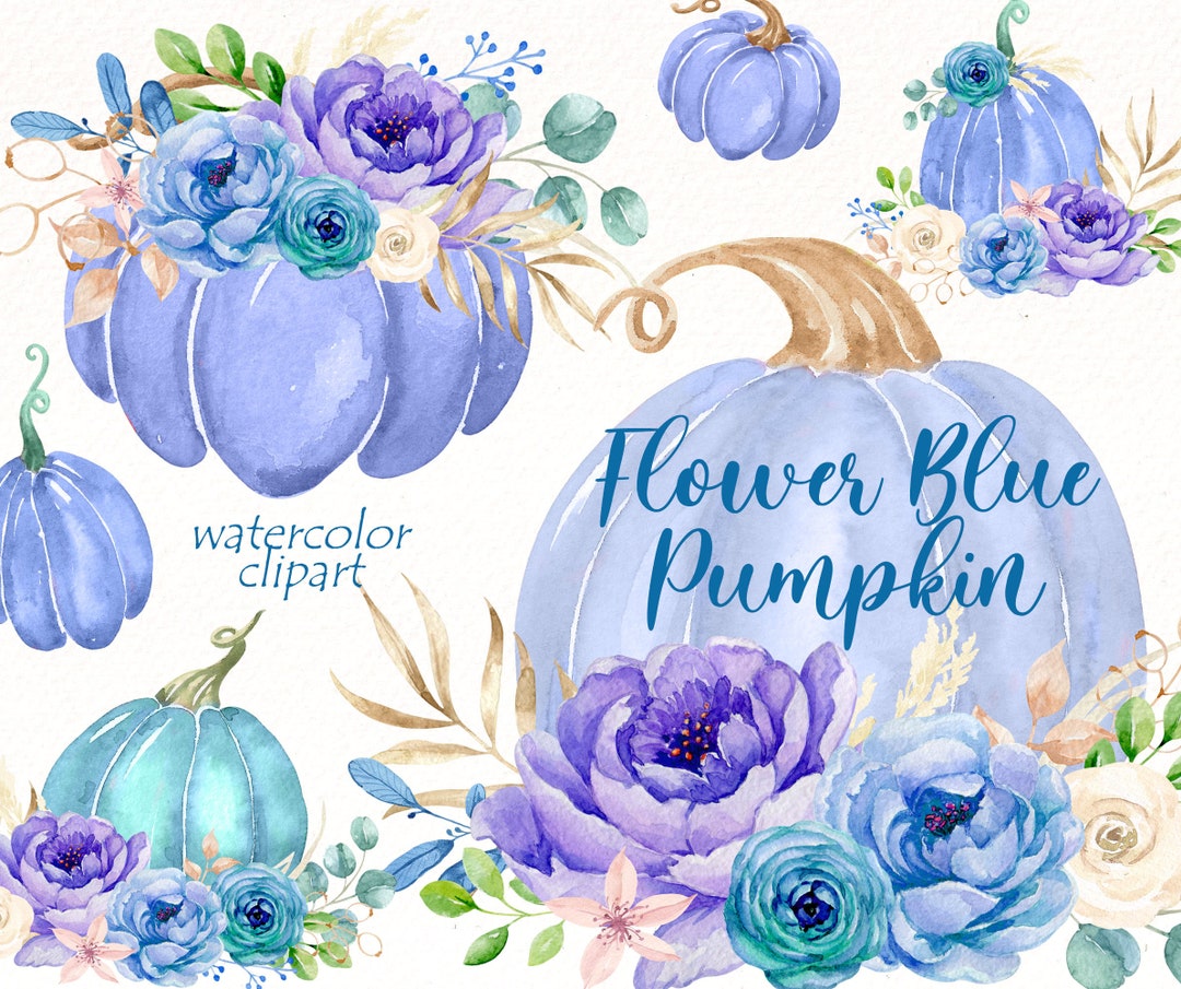Watercolor Blue Pumpkin Clipart, Fall Clipart, Pastel Flowers Pumpkin ...