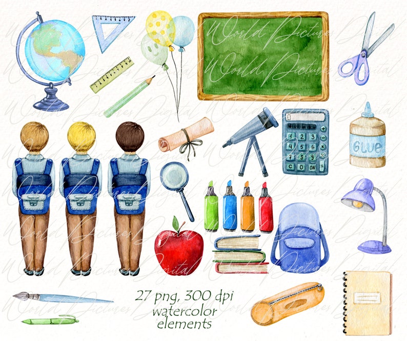 Watercolor School Clipart: Back to School PNG Set (digital Download) - Etsy