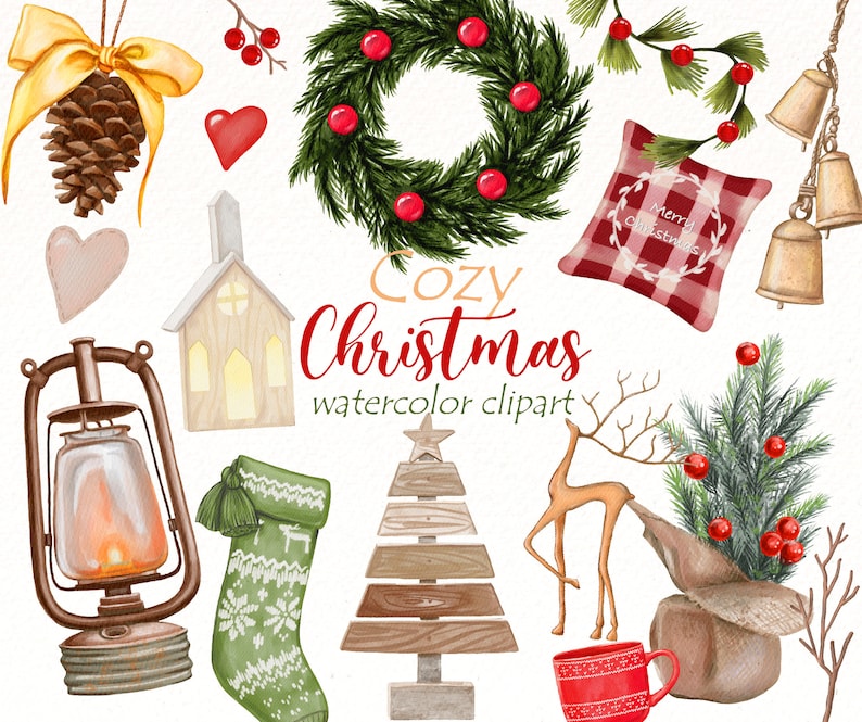 Watercolor Christmas Clipart, Cozy Winter Holiday Clip Art, Christmas ...