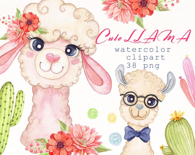 Llama Watercolor Clipart, Alpaca Clipart, FREE COMMERCIAL Use, Cactus ...
