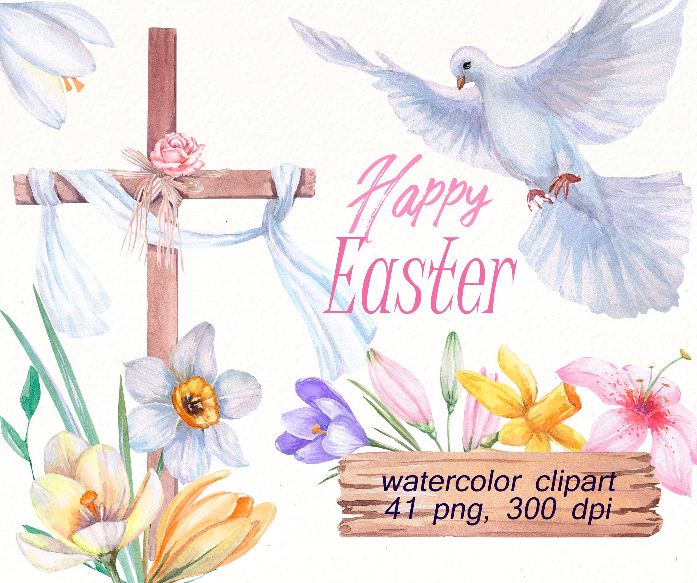 Easter Watercolor Clipart, Easter Crosses Png Clip Art, Flowers Cross ...