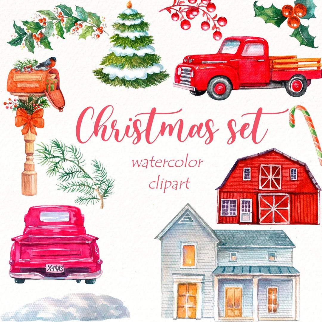 Christmas Watercolor Clipart: Red Truck, Tree, Farmhouse (PNG), Digital ...