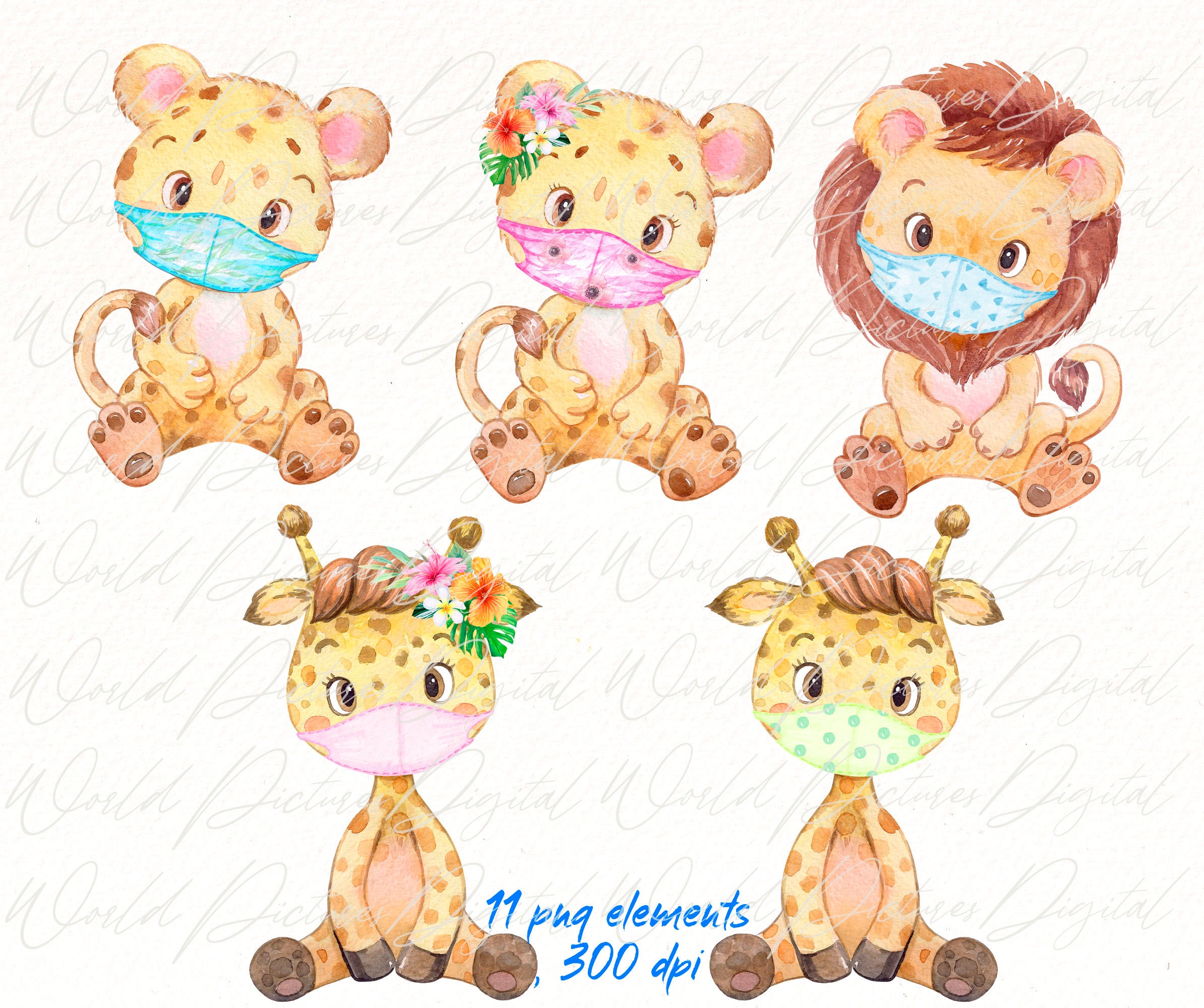Safari Animals Png, Face Mask Clipart, Kids Cliparts, Watercolor Animal ...