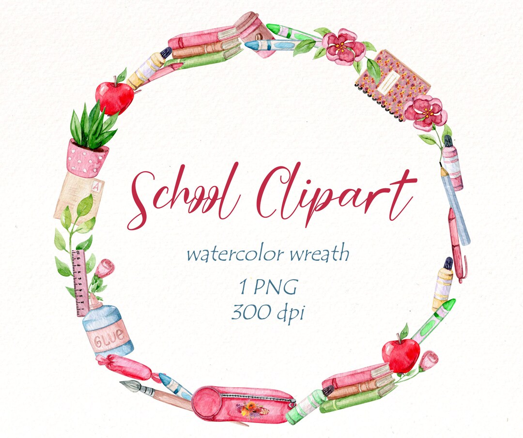 Back to School PNG Wreath, Watercolor School Clip Art, Teacher Frame ...