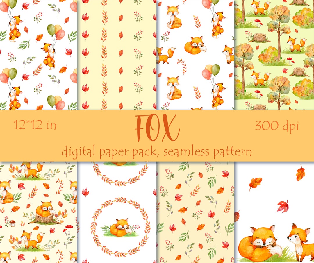 Cute Fox Digital Paper, Fall Digital Papers, Cute Animal Seamless ...