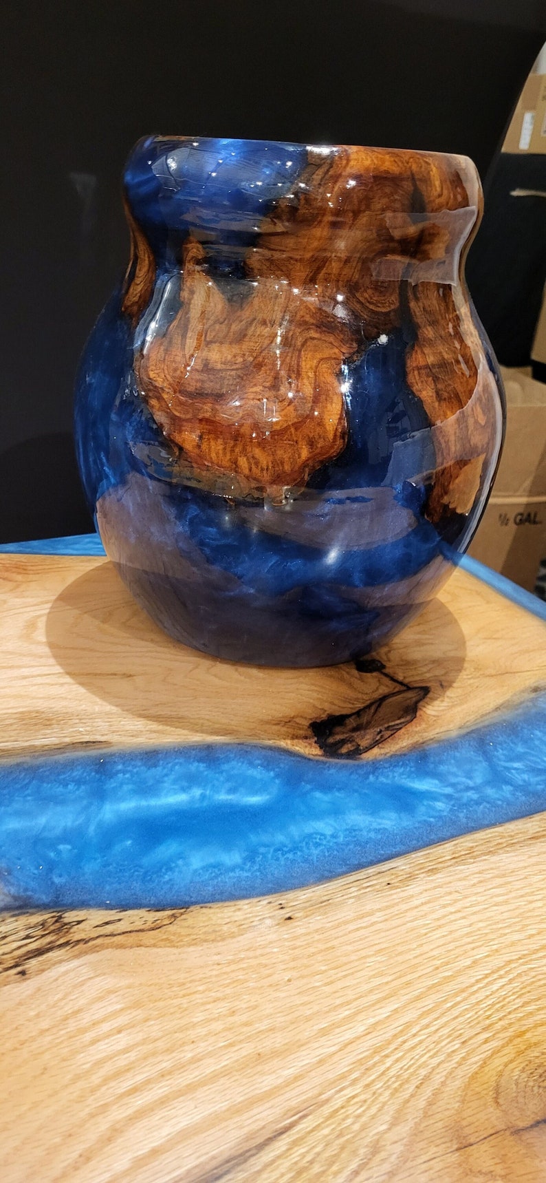 Large Blue Epoxy and Wood Vase - Etsy