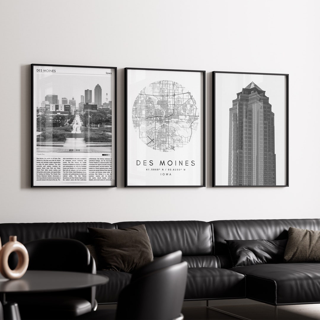 Des Moines Black and White Print Set of 3, Des Moines Travel Poster ...