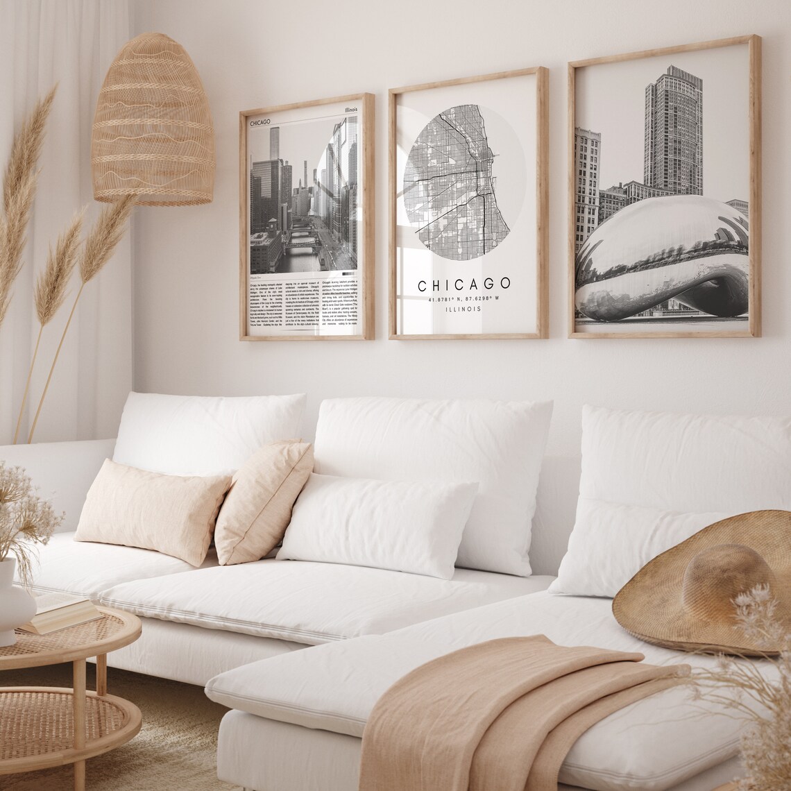 Chicago Illinois Black and White Print Set of 3, Chicago Travel Poster ...