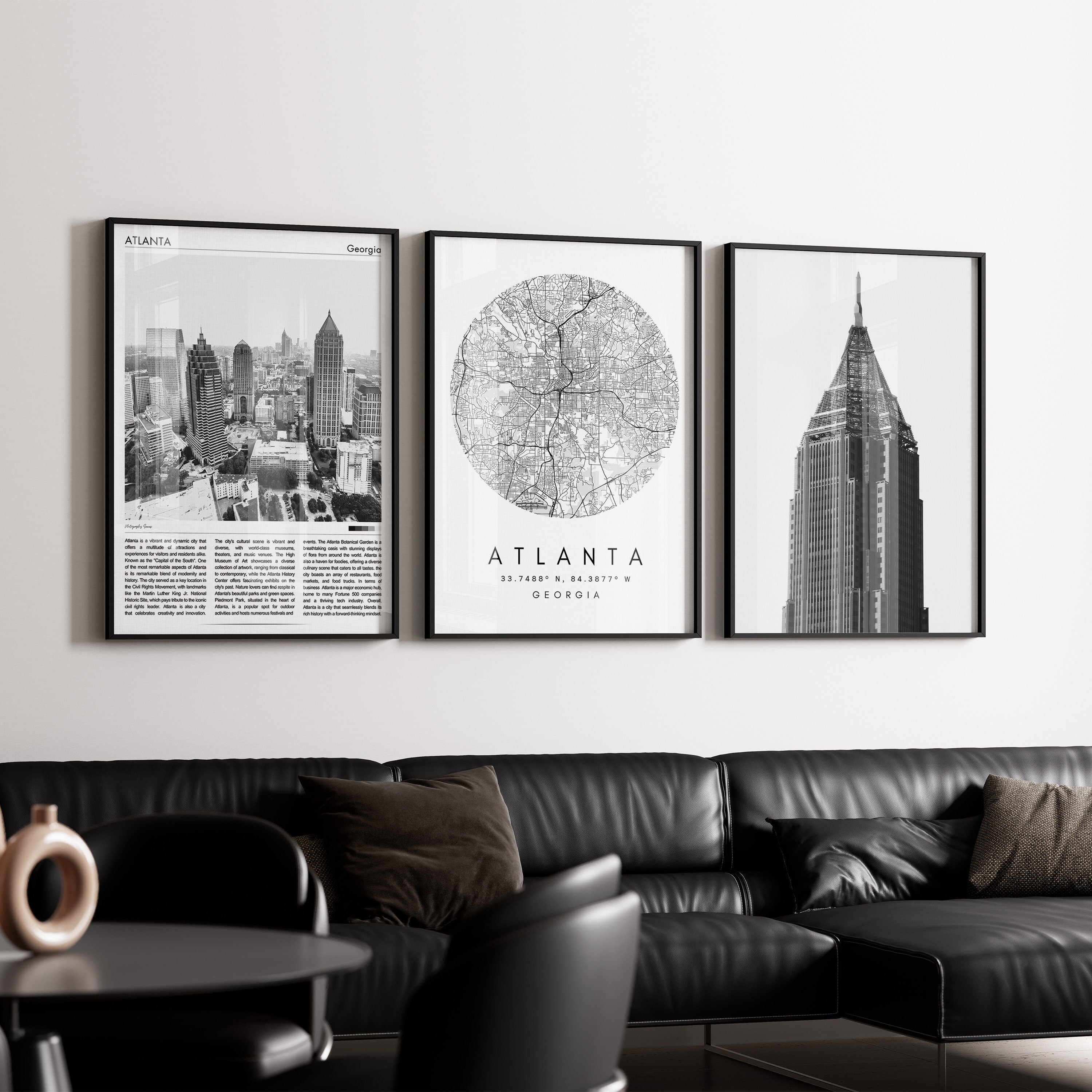 Atlanta Print Black and White Set of 3, Atlanta Wall Art, Atlanta ...