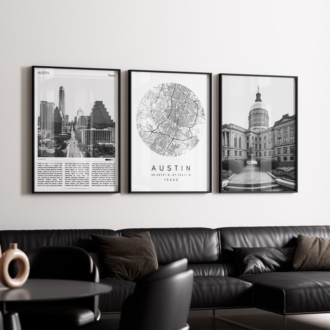 Austin Black and White City Prints Set of 3, Austin Map, Austin Wall ...