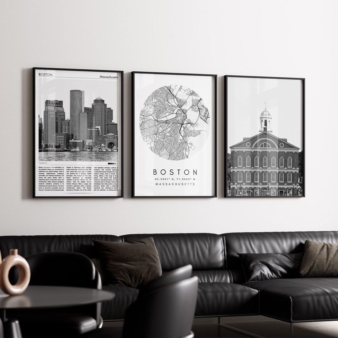 Boston Black and White Prints Set of 3, Boston Map, Boston Wall Art ...