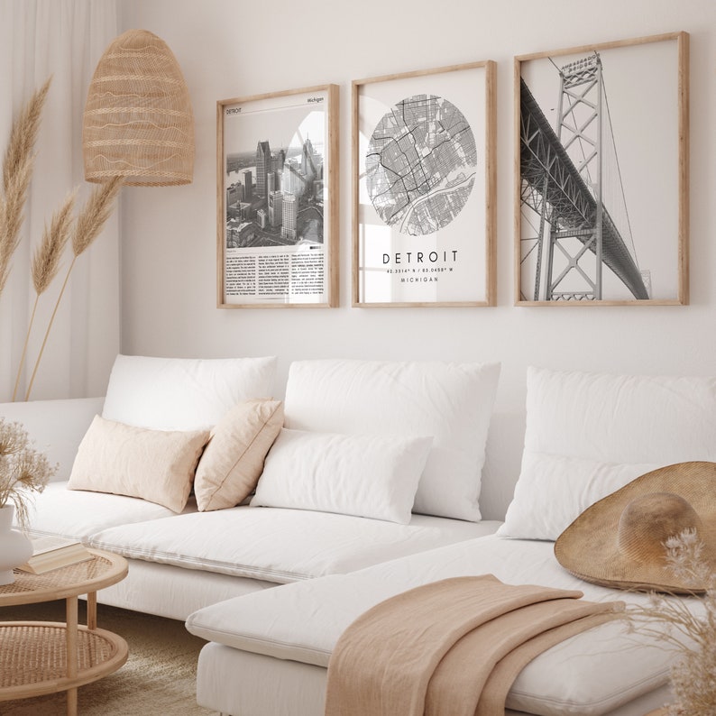 Detroit Michigan Black and White Print Set of 3, Detroit Travel Poster ...