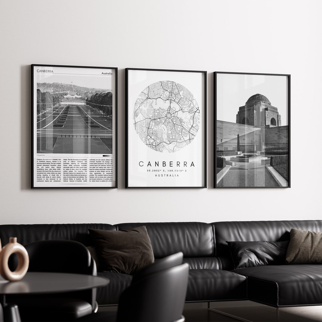 Digital Canberra Black and White Prints Set of 3, Map, Canberra Wall ...