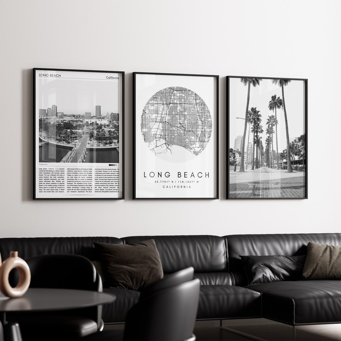Long Beach Black and White Print Set of 3, Long Beach Travel Poster ...