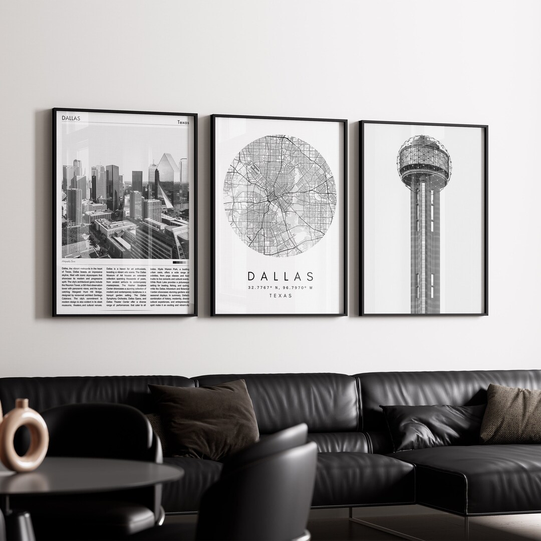 Dallas Texas Black and White Print Set of 3, Dallas Travel Poster Print ...