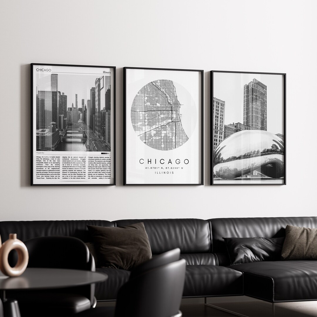 Chicago Illinois Black and White Print Set of 3, Chicago Travel Poster ...