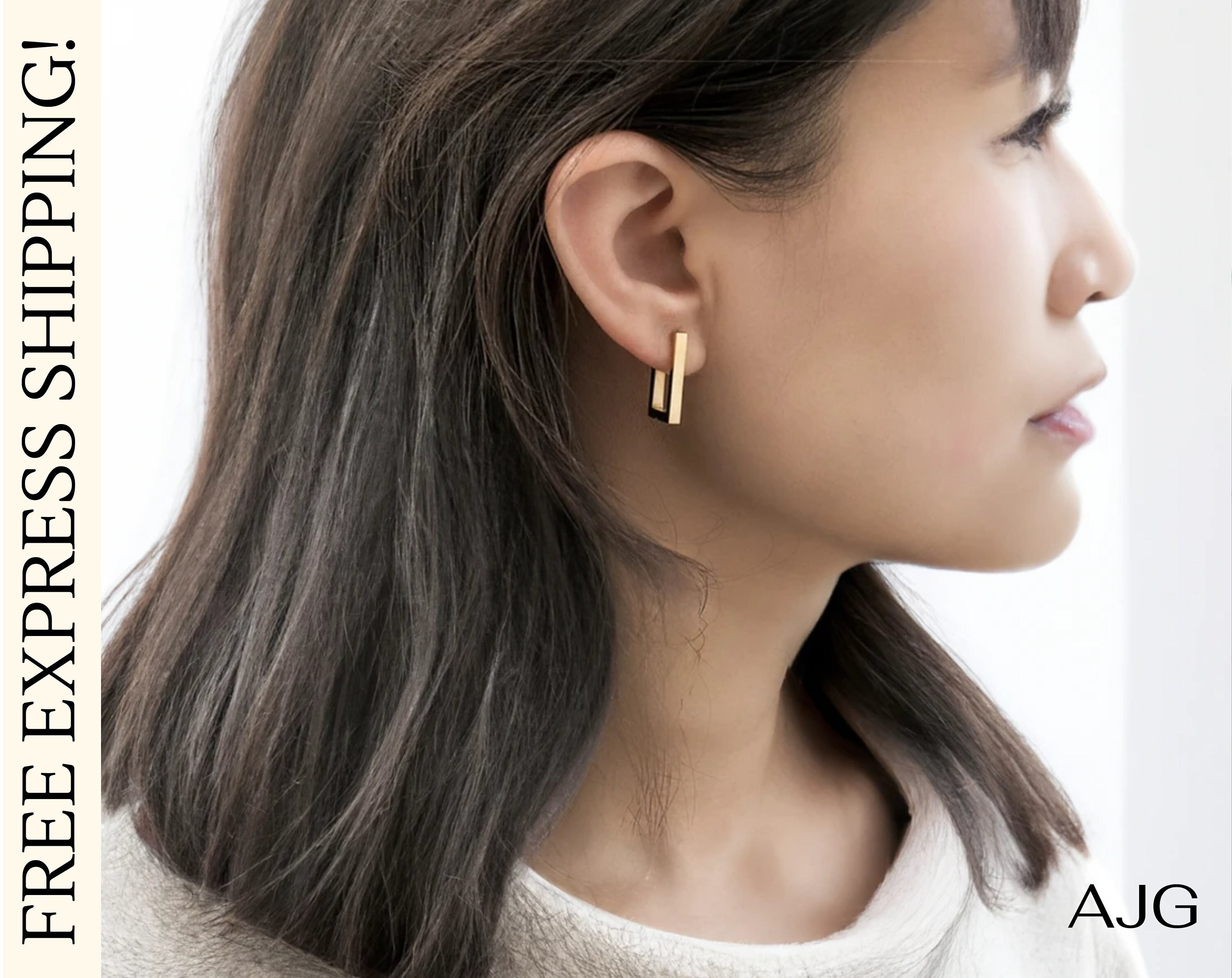 14K Gold Rectangle Hoop Earrings, Geometric Gold Earrings, Minimalist ...