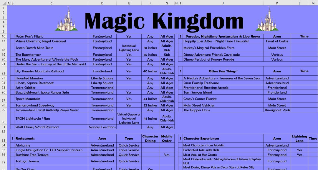 WDW Magic Kingdom Spreadsheet Planner - Etsy