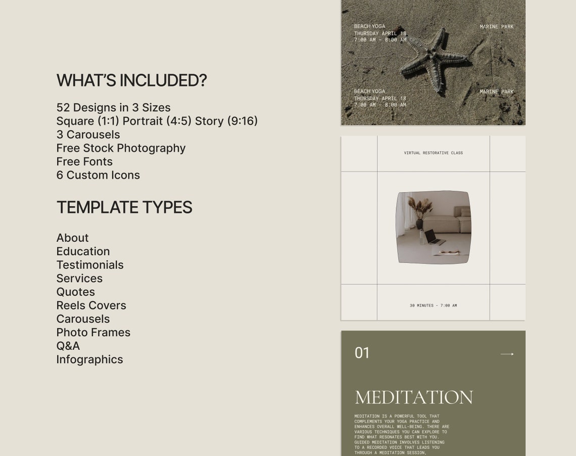 Yoga Studio Instagram Canva Templates | Pilates Social Media Kit ...