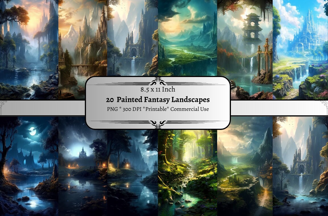20 Painted Fantasy Landscapes Printable Digital Paper, Magical Scenery ...