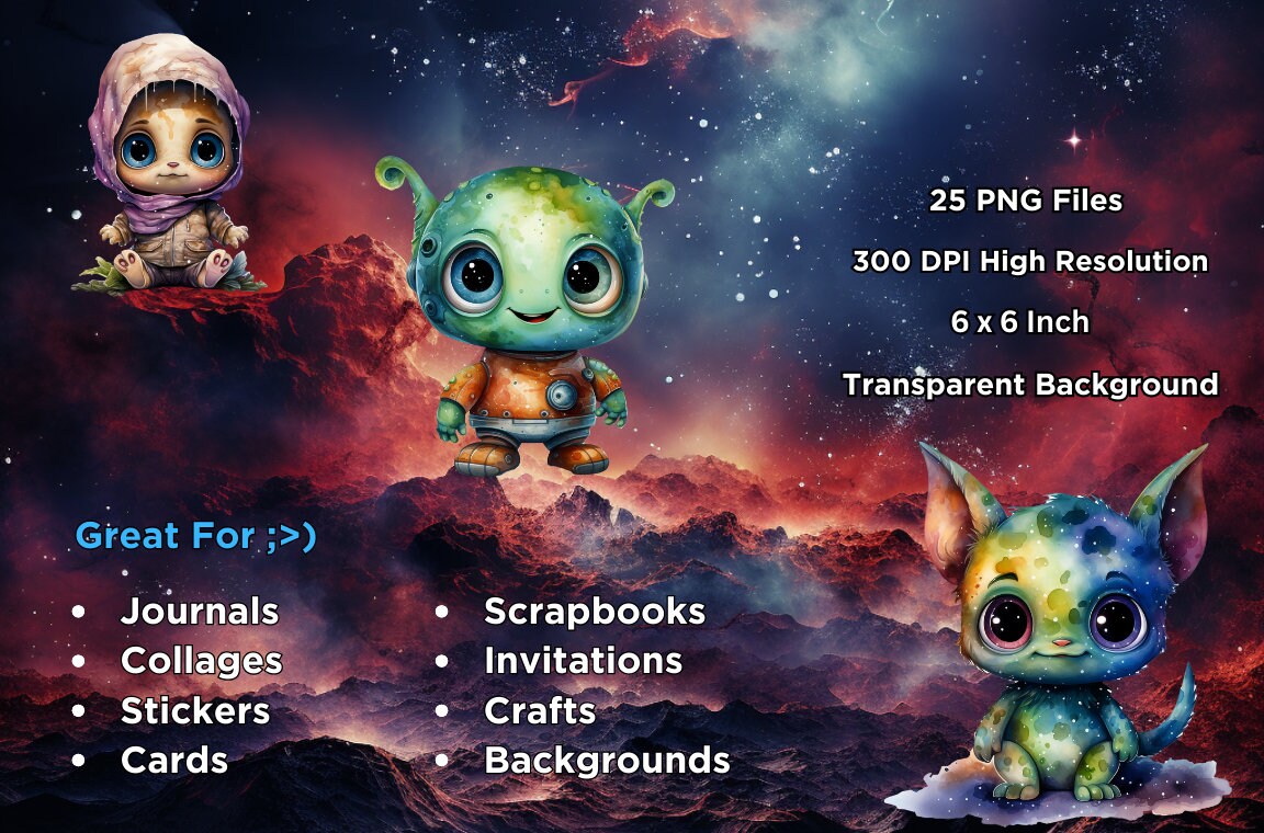 25 Clipart Cute Space Alien Watercolor, Alien Clip Art Graphics, Space ...