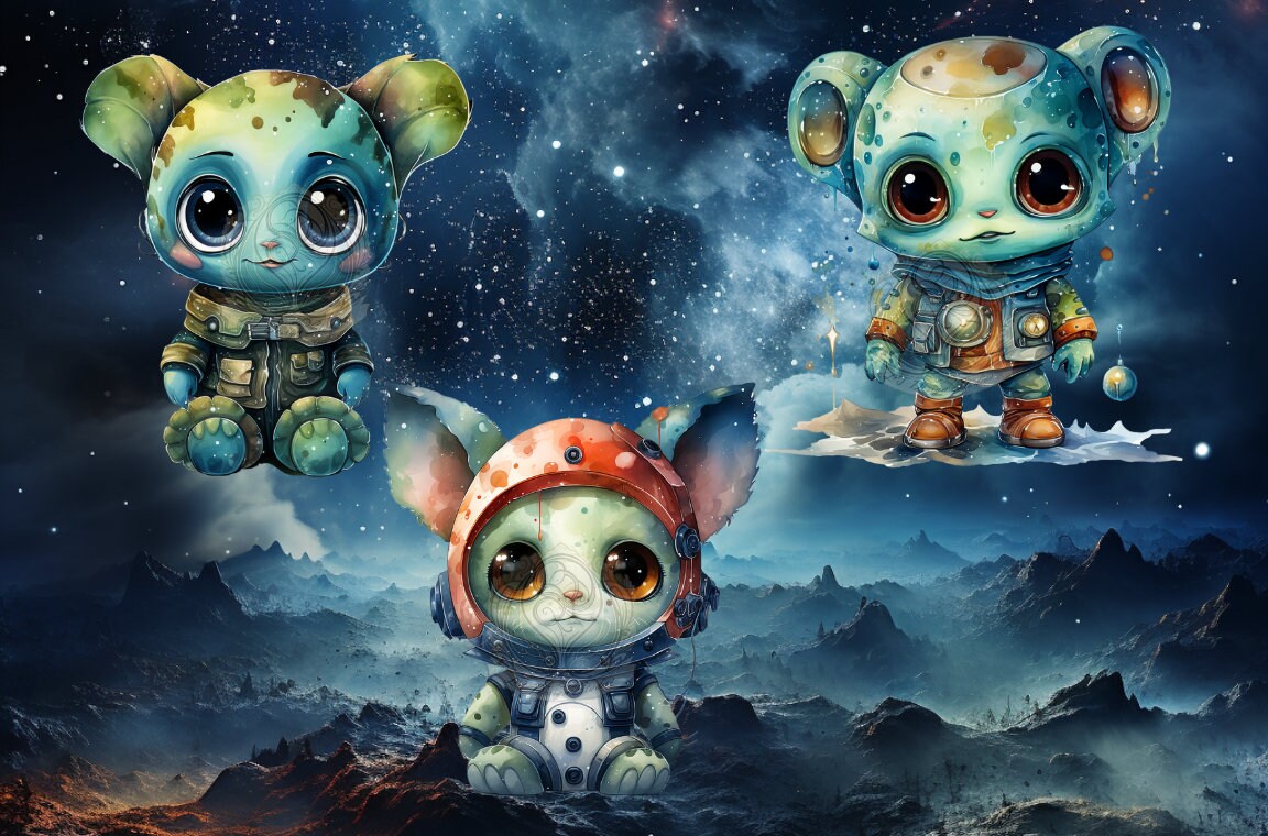 25 Clipart Cute Space Alien Watercolor, Alien Clip Art Graphics, Space ...