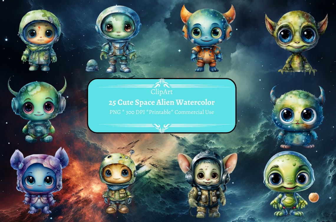 25 Clipart Cute Space Alien Watercolor, Alien Clip Art Graphics, Space ...