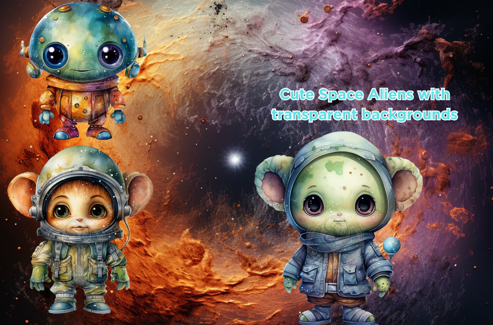 25 Clipart Cute Space Alien Watercolor, Alien Clip Art Graphics, Space ...