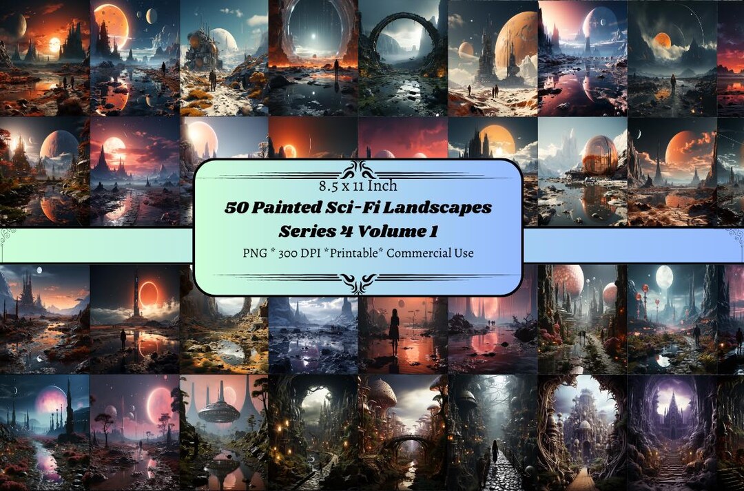 50 Painted Sci-fi Landscapes Series 4 Volume 1 Digital Paper, Sci-fi ...