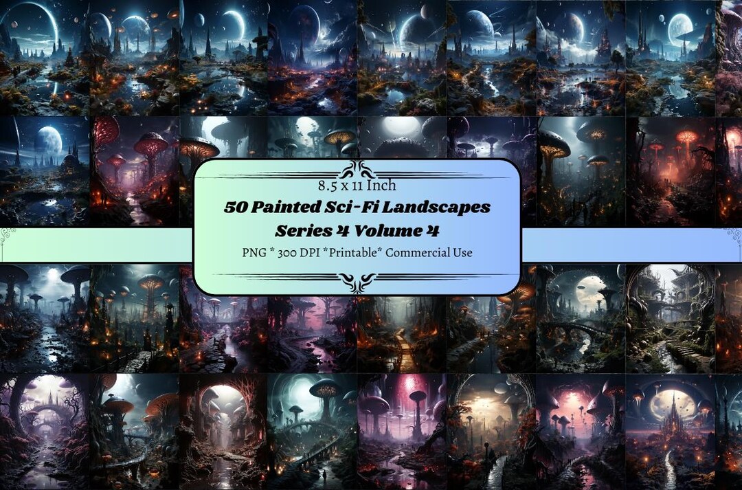 50 Painted Sci-fi Landscapes Series 4 Volume 4 Digital Paper, Sci-fi ...