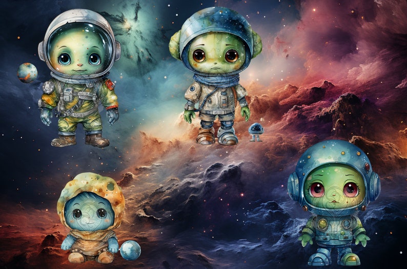 25 Clipart Cute Space Alien Watercolor, Alien Clip Art Graphics, Space ...