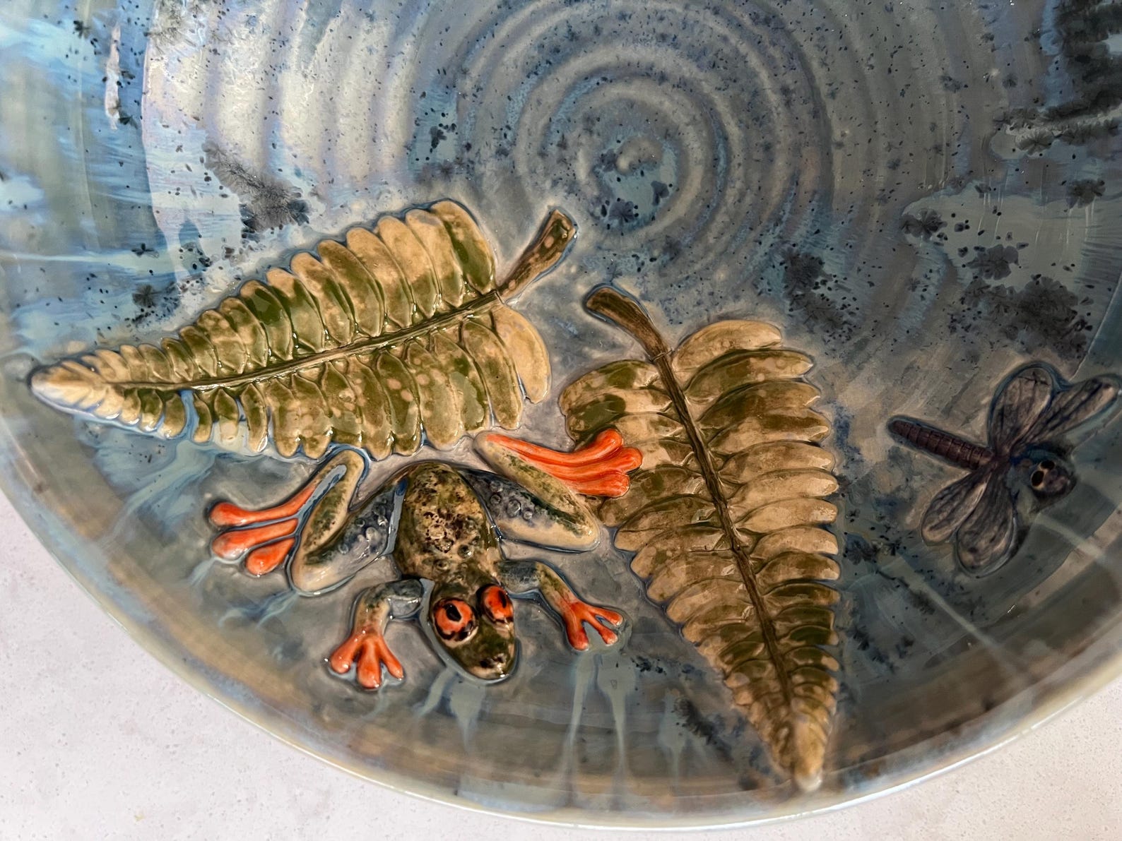 Ceramic Wheel Thrown Bowl With Sculpted Frog, Ferns, and Dragonfly. - Etsy